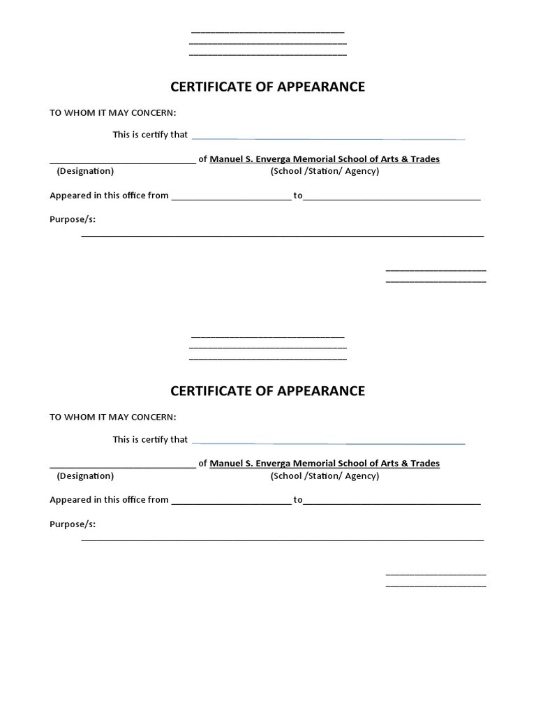 Certificate of Appearance Blank | PDF