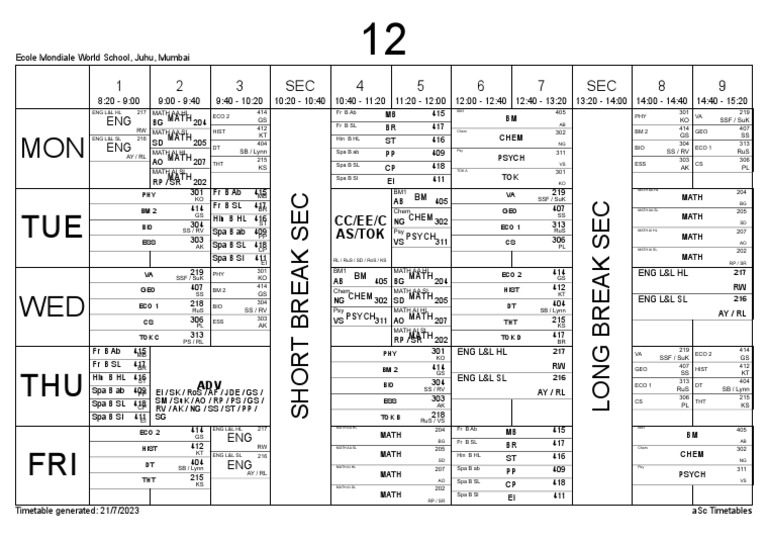 Grade 12 Class Time Table | PDF