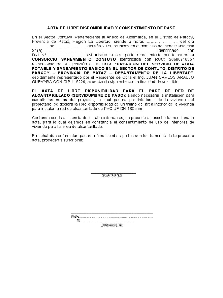 Acta de Libre Disponibilidad y Consentimiento de Pase | PDF