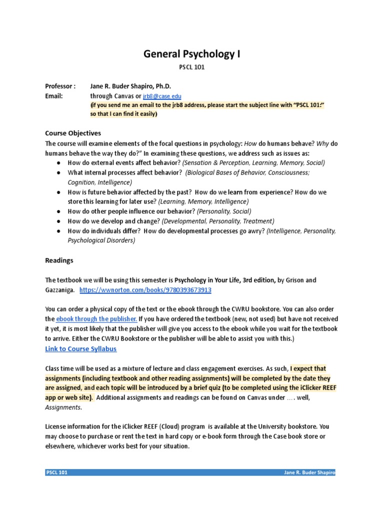 PSCL 101 - General Psychology I | PDF