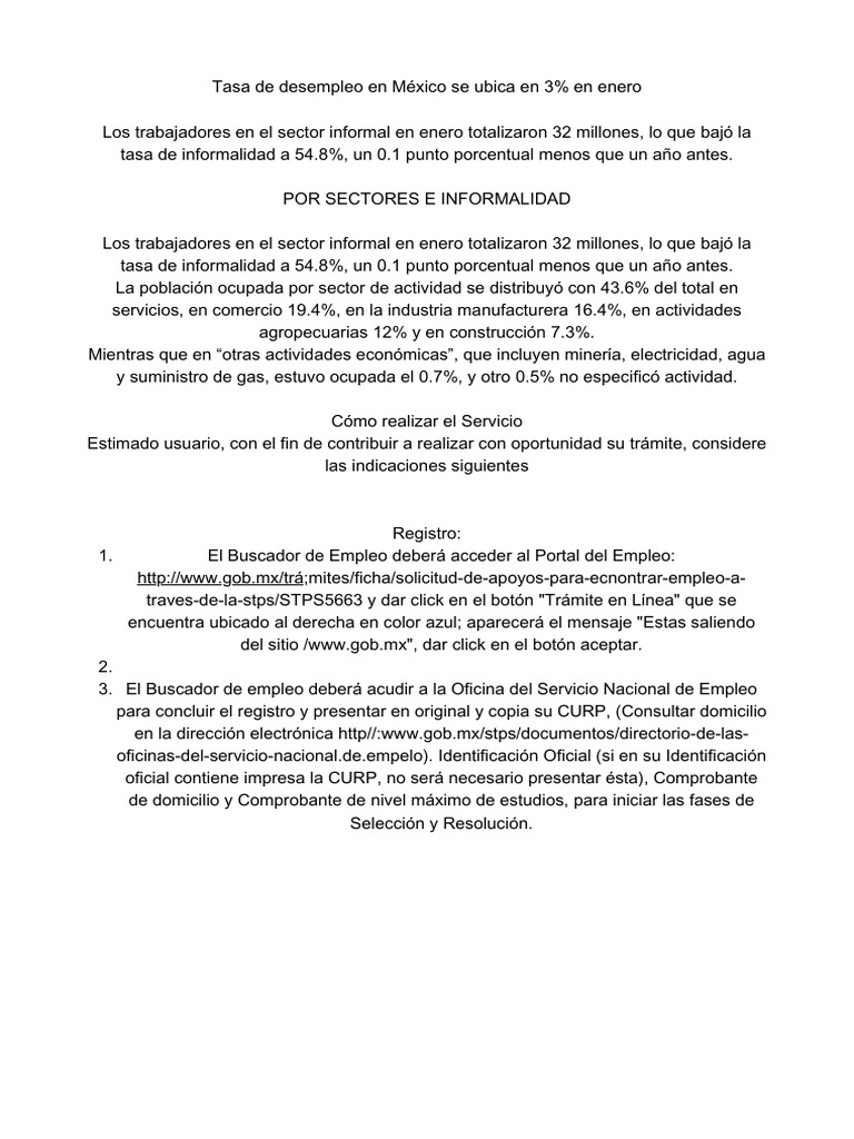 Tasa De Desempleo En México Se Ubica En 3 En Enero Los Trabajadores En