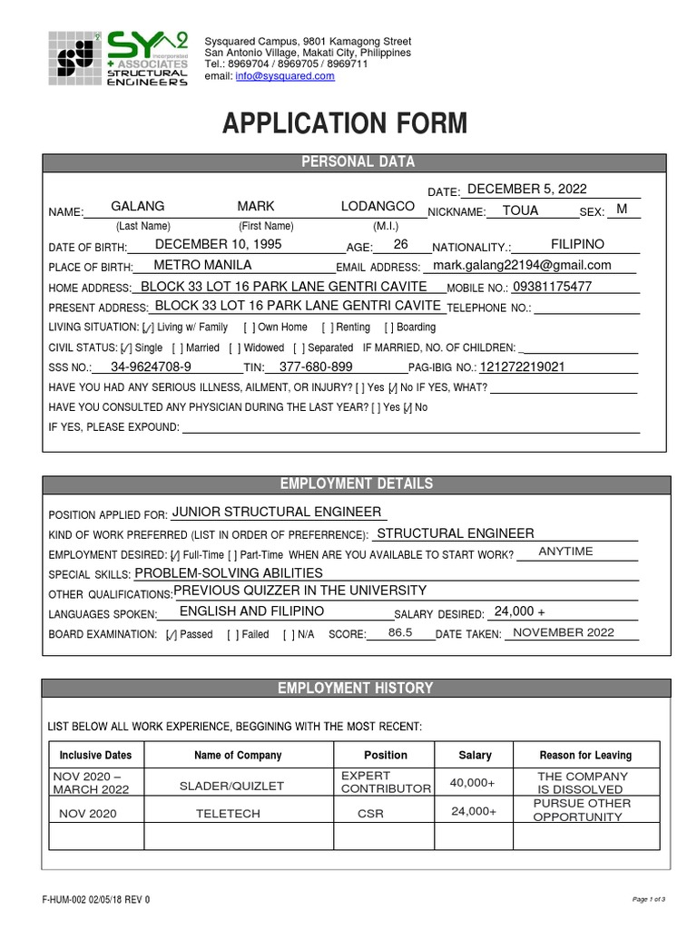 Sy 2 + Associates Inc. - Application Form - Mark.Galang | PDF | Cognition