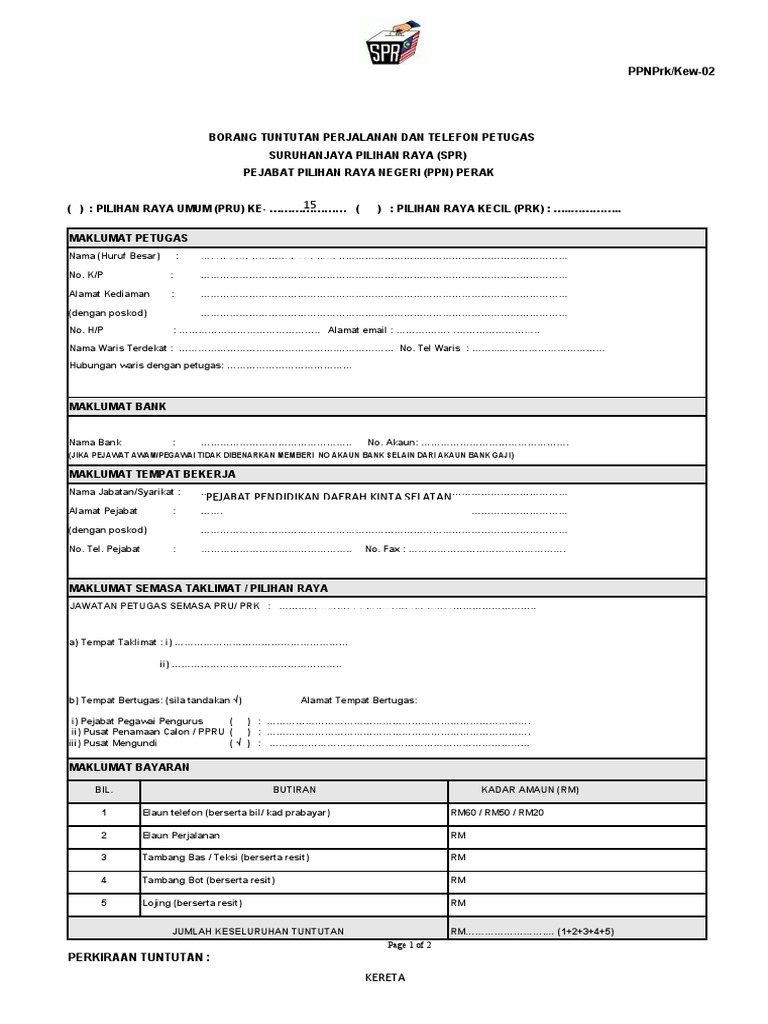 Borang TNT SPR KTM Pru15 | PDF