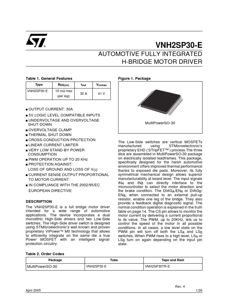 VNH2SP30-E: Automotive Fully Integrated H-Bridge Motor Driver | PDF | Field Effect Transistor ...