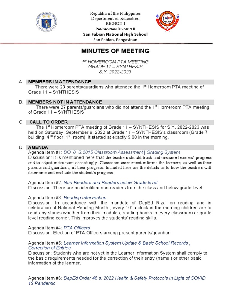 Pta Minutes - Synthesis | PDF