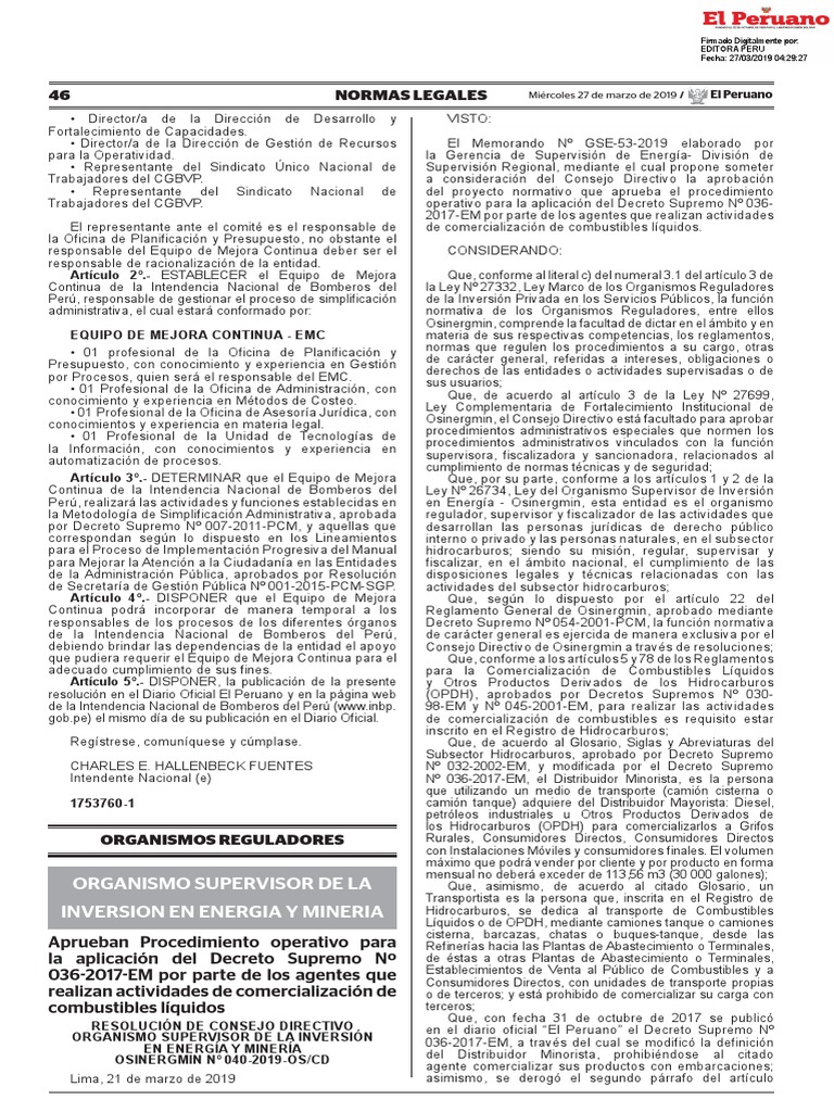 Osinergmin 040 2019 OS CD | PDF | Petróleo | Póliza de seguros