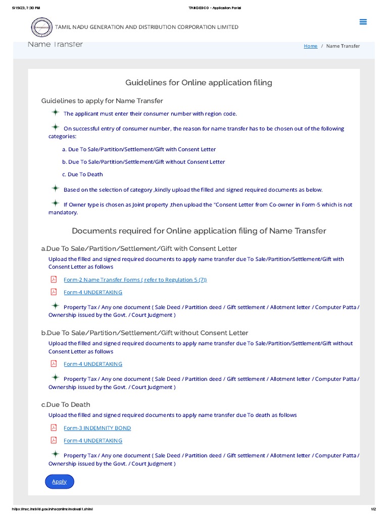 TANGEDCO Name Transfer Guidelines | PDF
