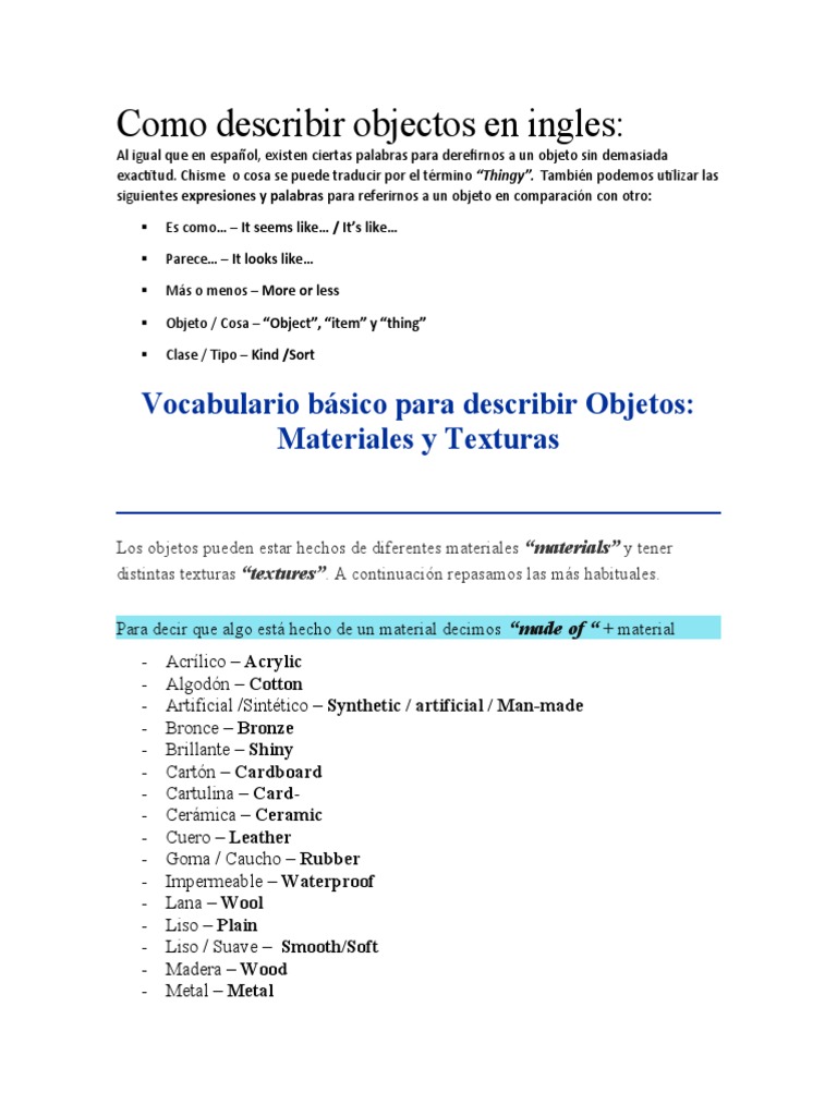Descripción de objetos en inglés | PDF | Color | Materiales