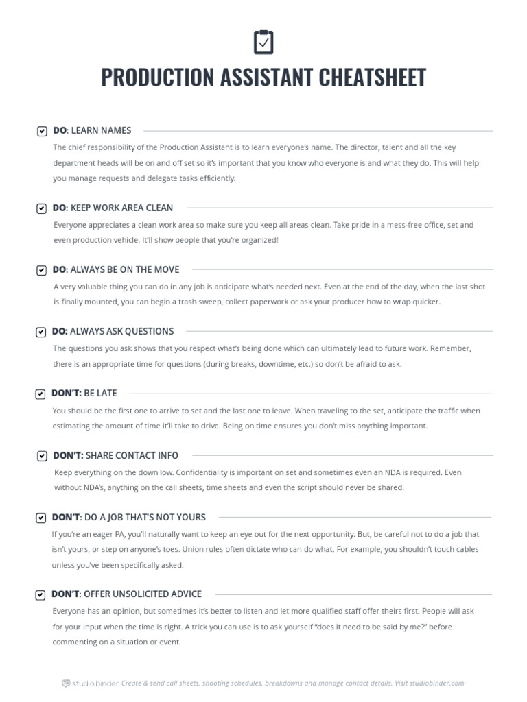 Production Assistant Cheatsheet StudioBinder | PDF