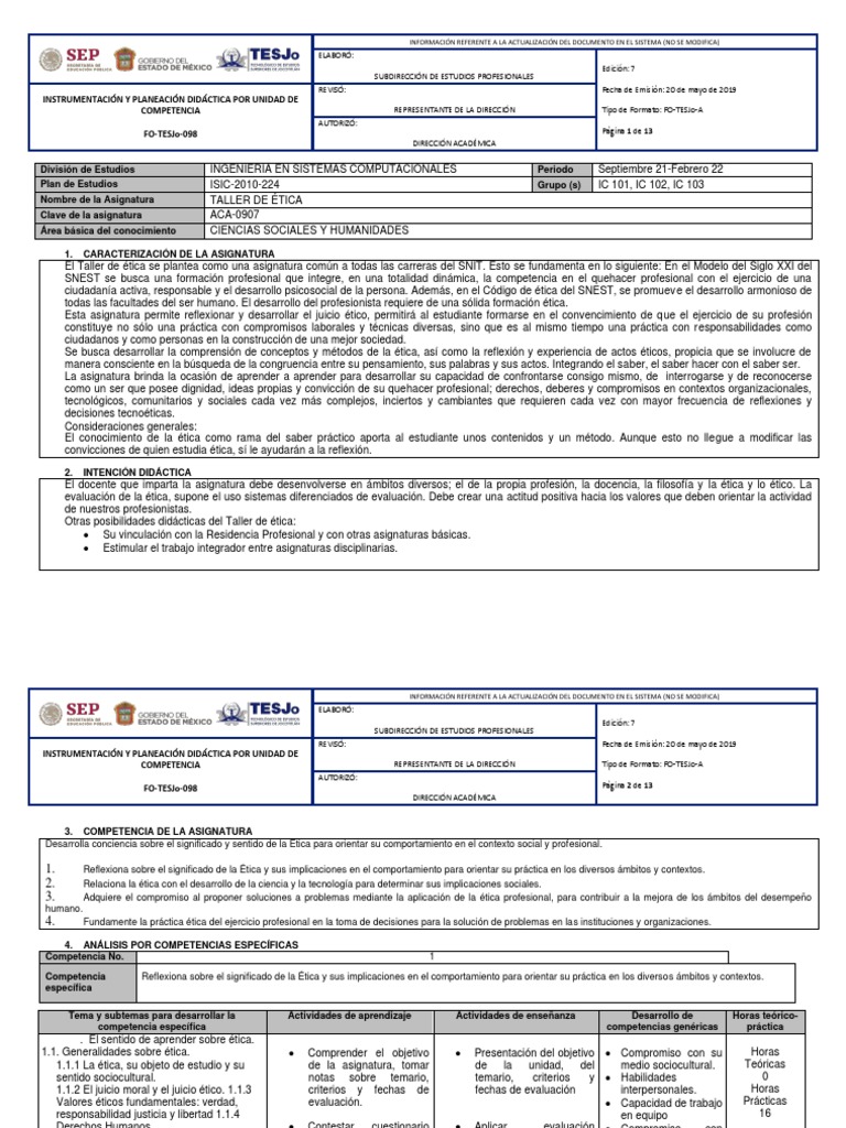 Planeación, Taller de Ética. 2021IC 102, IC102, IC 103 | PDF | Evaluación | Aprendizaje