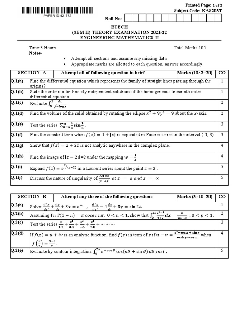 Btech 2 Sem Engineering Mathematics 2 Kas203t 2022 | PDF | Mathematical ... Btech 2 Sem Engineering Mathematics 2 Kas203t 2022 | PDF | Mathematical ...