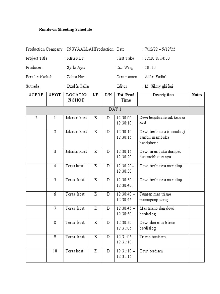 Rundown Shooting Schedule | PDF