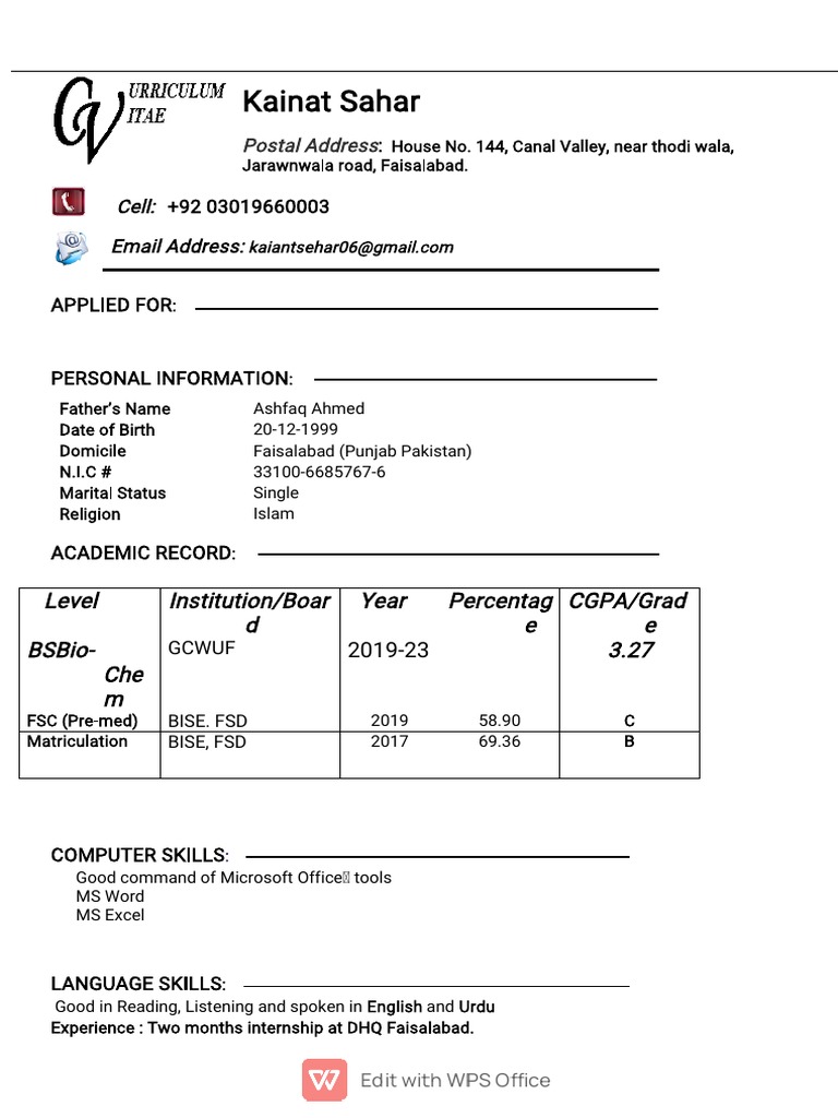 Kainat Sahar: Postal Address Cell: Email Address | PDF