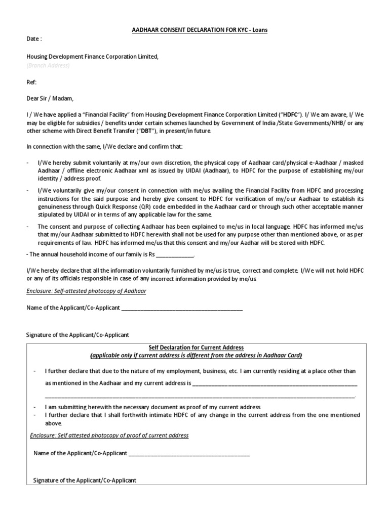 Aadhaar Consent With Self Declaration For Current Address | PDF ...