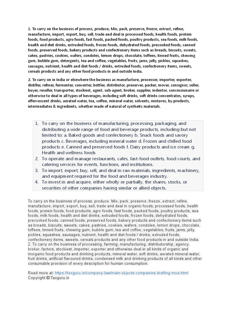 Draft Clauses For MOA of Food and Beverages Company | PDF | Drink ...