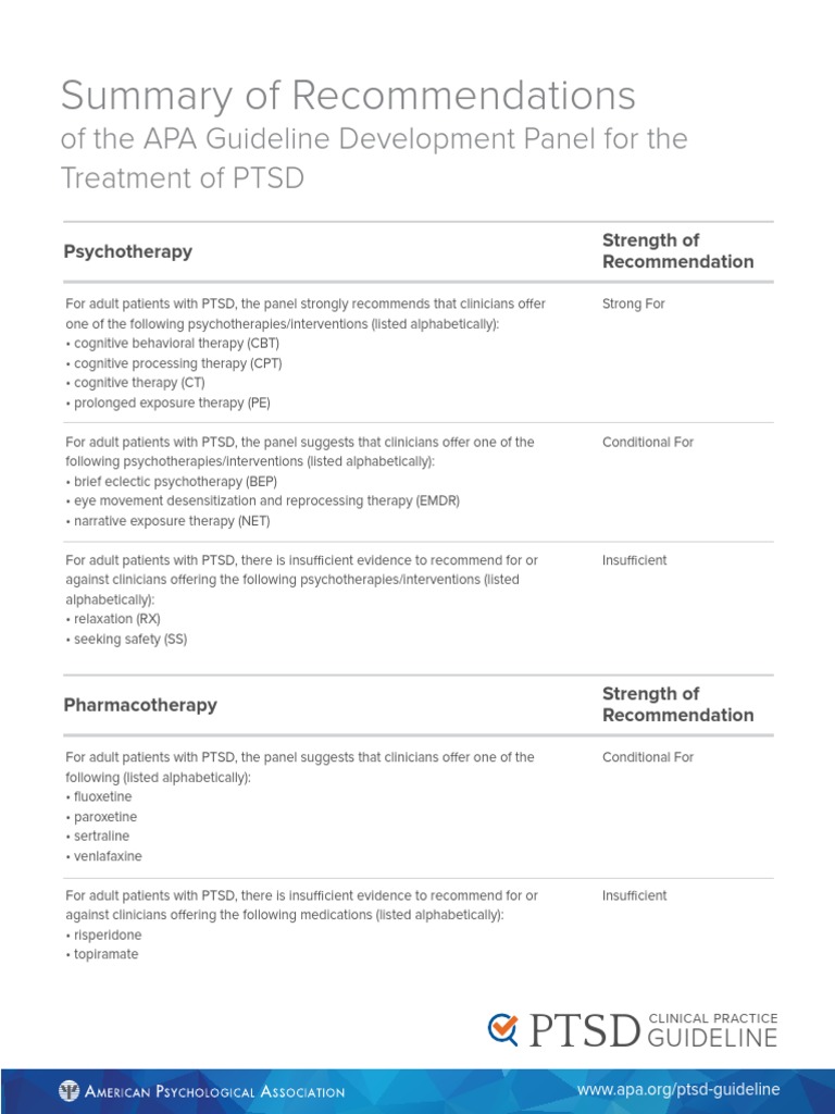 APA - PTSD Guideline - Summary of Recommendations of The AA Guideline ...