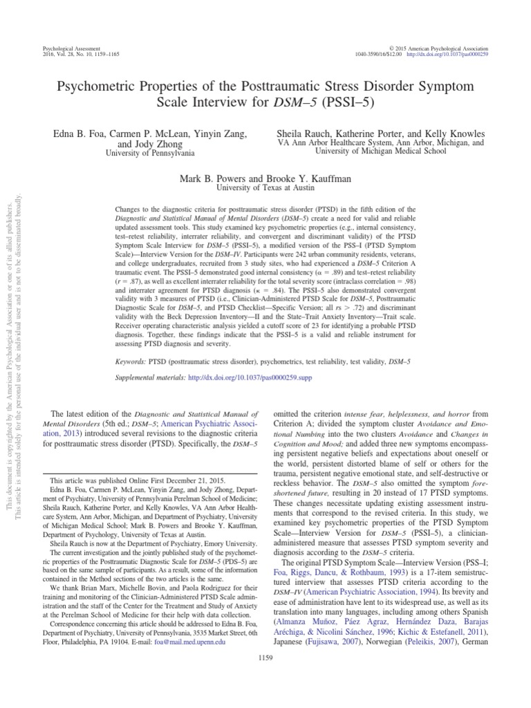 Foa, E. B., Et Al (2016) - Psychometric Properties of The Posttraumatic ...