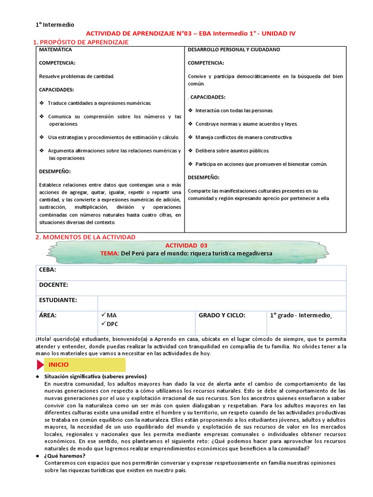 ACT. #03 Sem 4 FICHA Intermedio 1° EdA 4 Del Perú para El Mundo Riqueza Turística Megadiversa | PDF