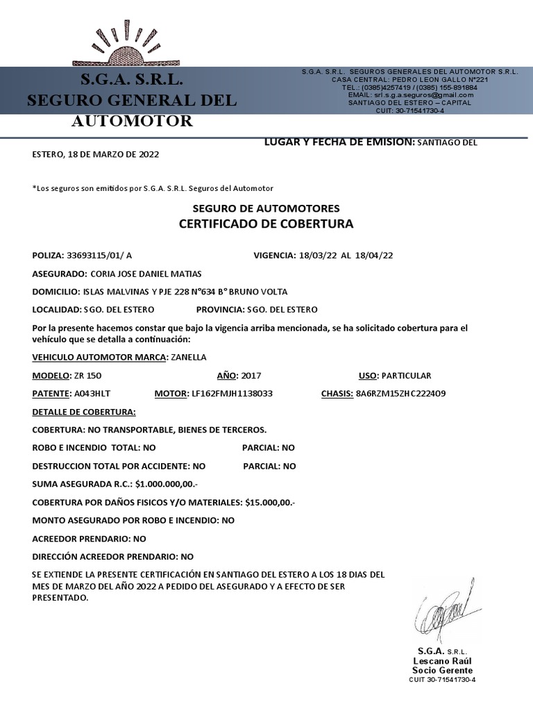 Cert de Cob de Coria Jose Daniel | PDF