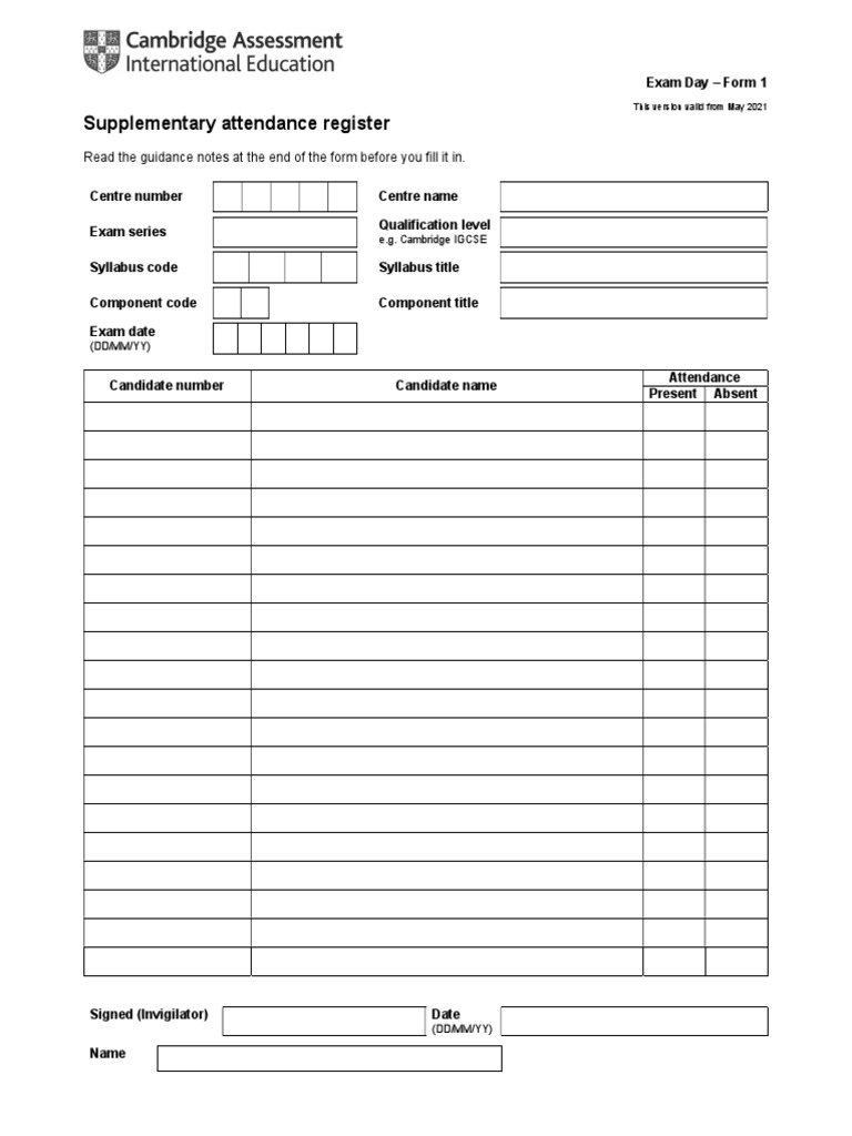 Supplementary Attendance Register Exam Day Form 1 | PDF