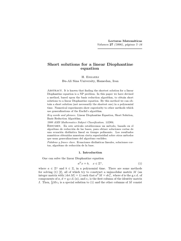 Short Solutions For A Linear Diophantine Equation | PDF