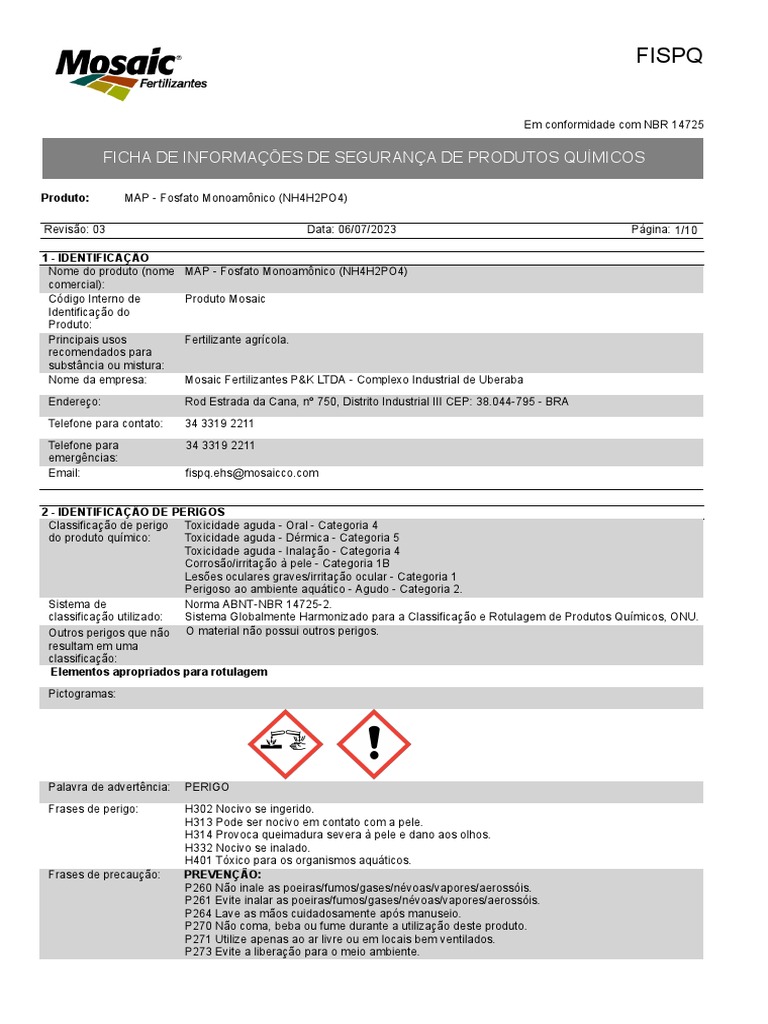 0 FISPQ - Produto - Mosaic - MAP - Fosfato Monoamonico NH4H - V03 - 20230706080849 | PDF