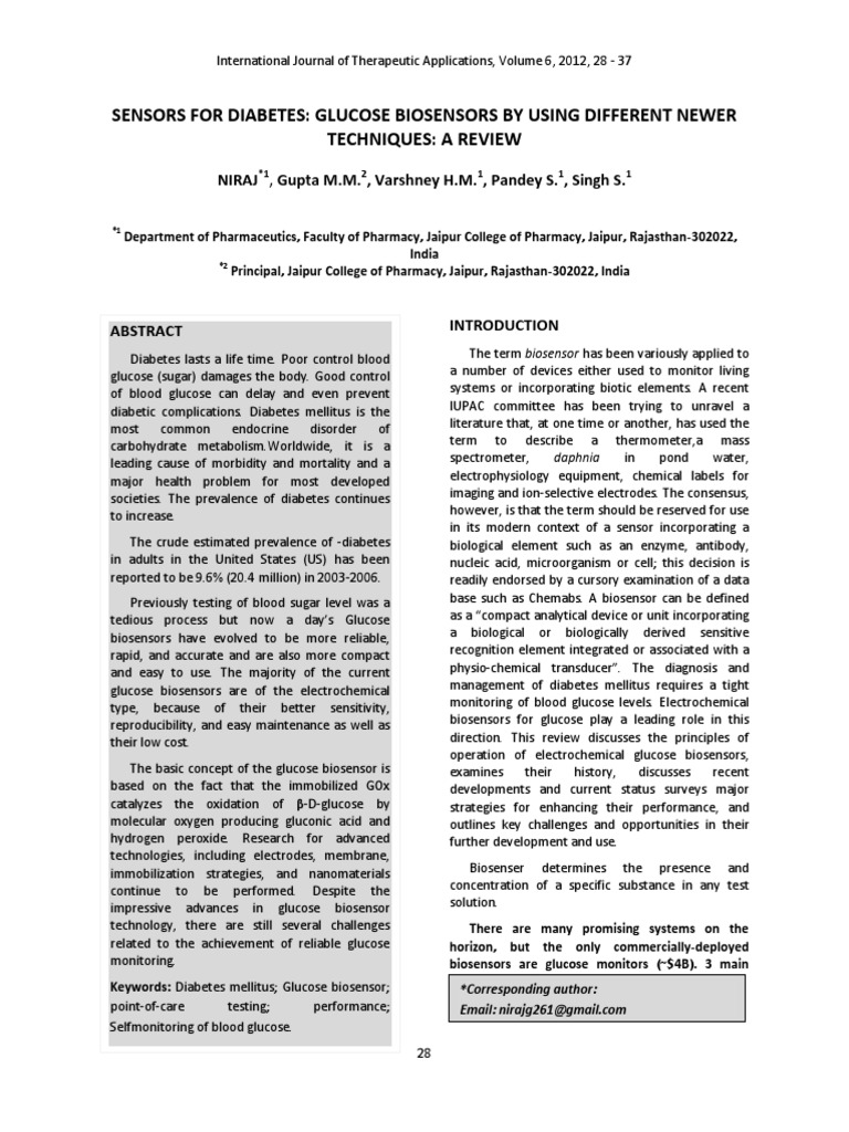Sensors For Diabetes Glucose Biosensors By Using Different Newer