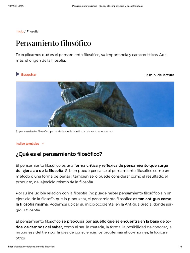 Pensamiento Filosófico - Concepto, Importancia y Características | PDF
