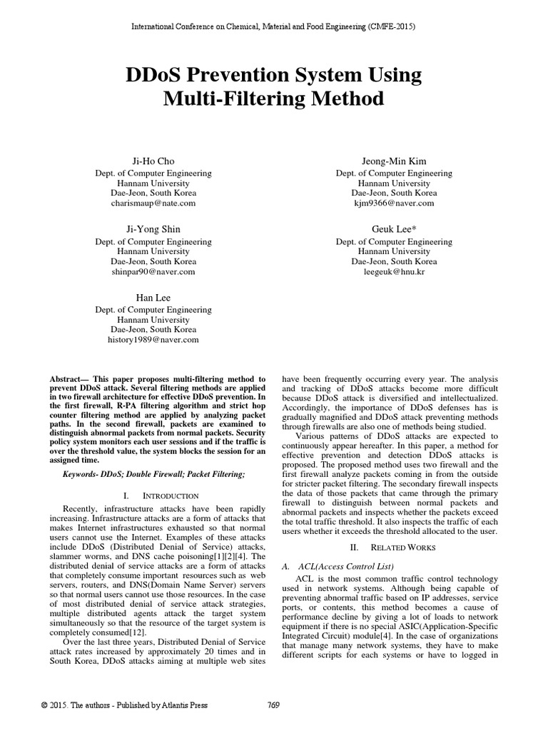 Ddos Prevention System Using Multi-Filtering Method: Ji-Ho Cho Jeong-Min Kim | PDF | Denial Of ...