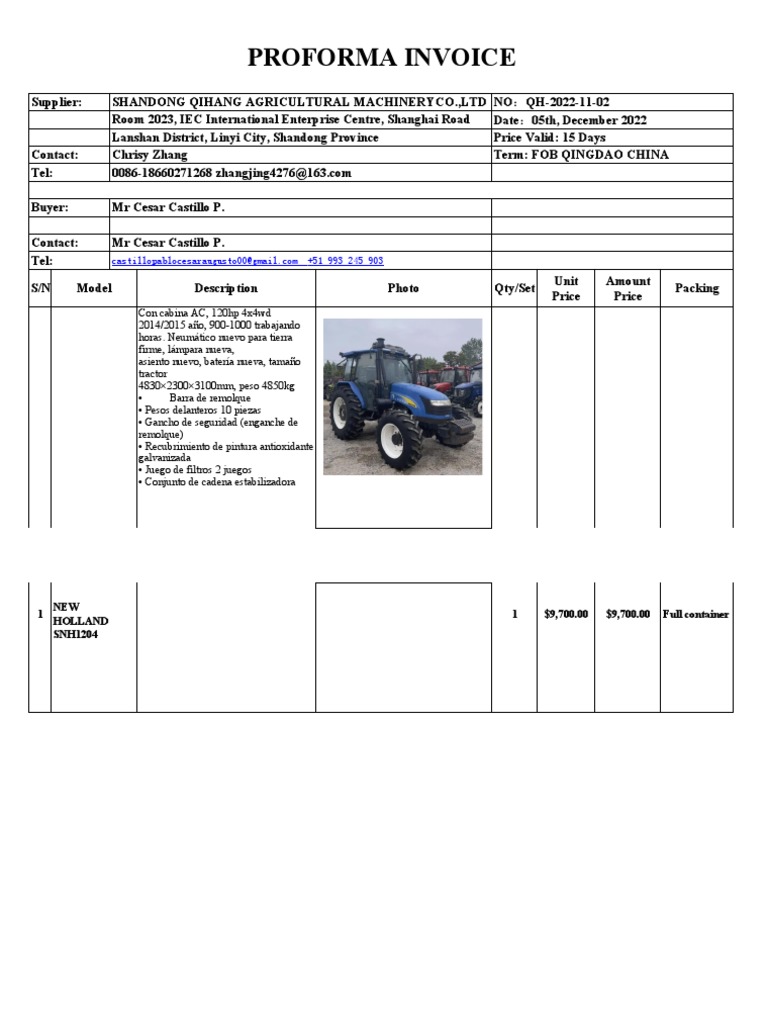 3 - Proforma Invoice-New Holland 120HP & 80HP | PDF