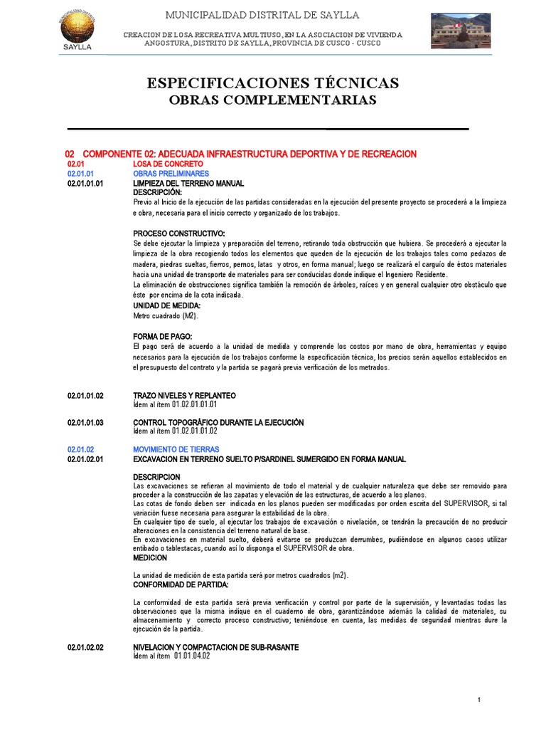 Especificaciones Tecnicas Obras Complementarias Ok | PDF