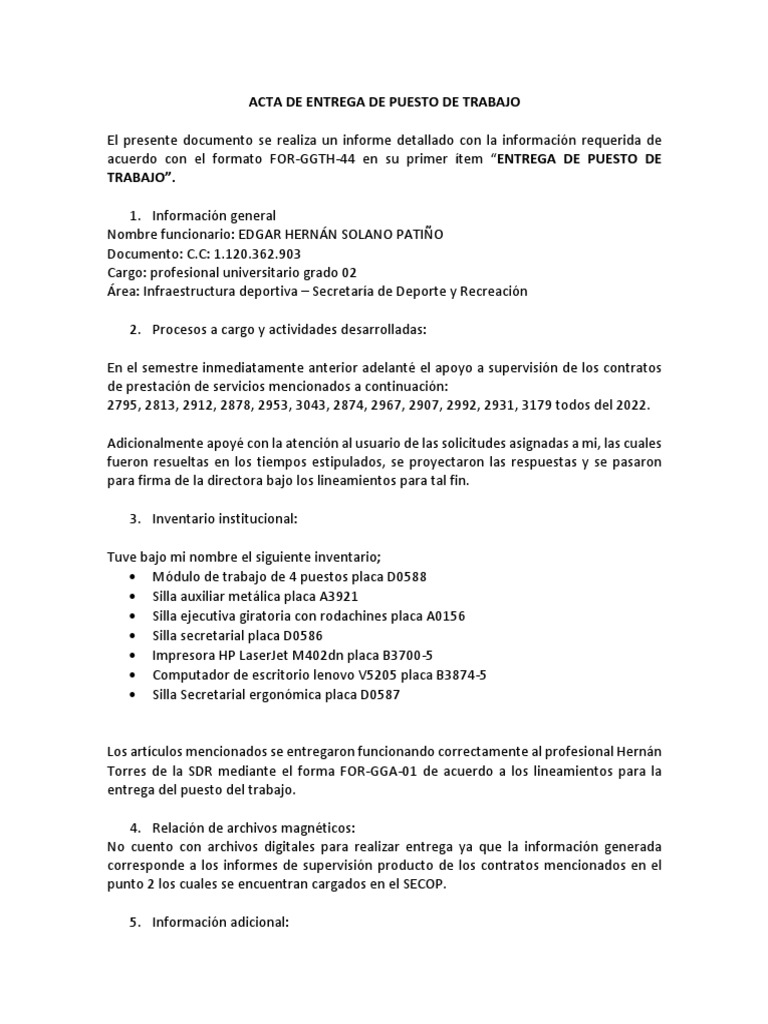 Acta de Entrega de Puesto de Trabajo | PDF Acta de Entrega de Puesto de Trabajo | PDF