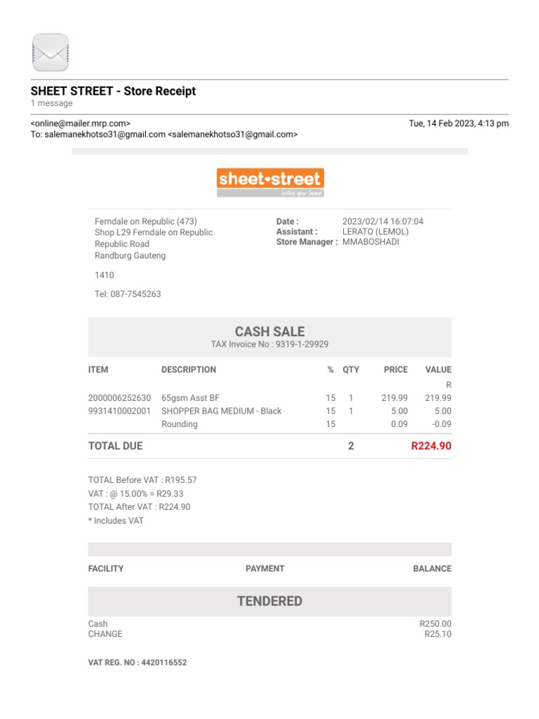 Sheet Street Store Receipt Details | PDF