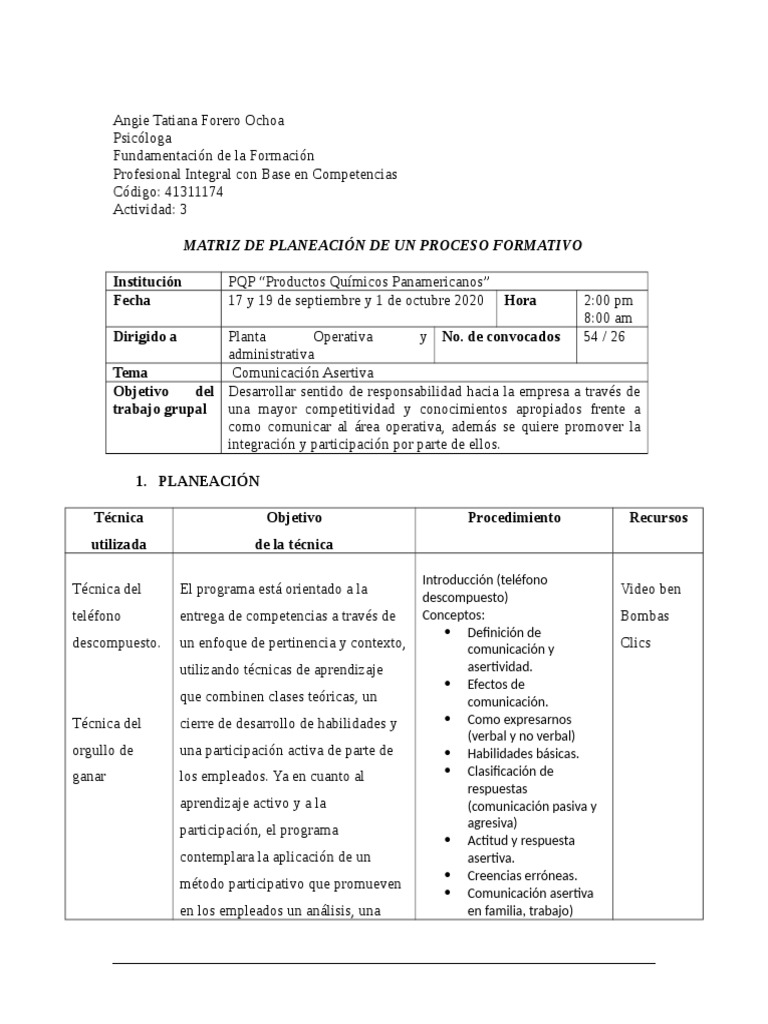 Actividad 3 Matriz de Planeaci N de Un Proceso Formativo | PDF | Evaluación | Comunicación
