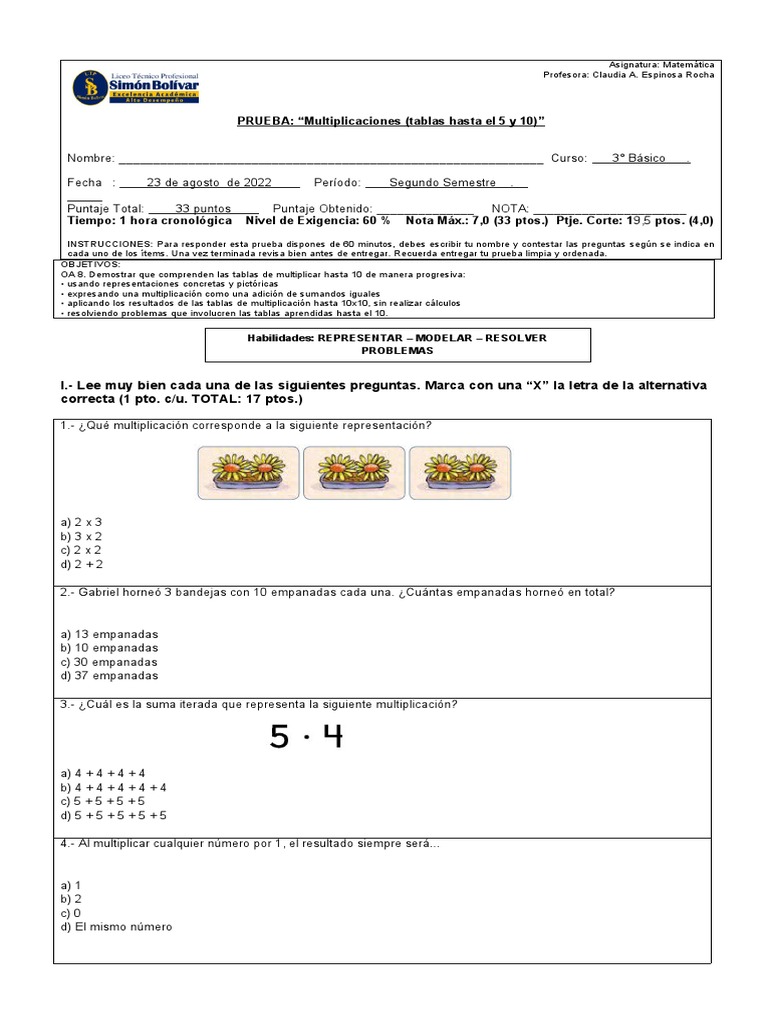 Prueba Matemáticas 3° Básico (Tablas Hasta El 5 y 10) | PDF ...