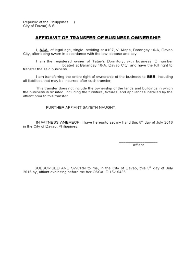 Transfer of Business Ownership-Affidavit For Business Bureau | PDF
