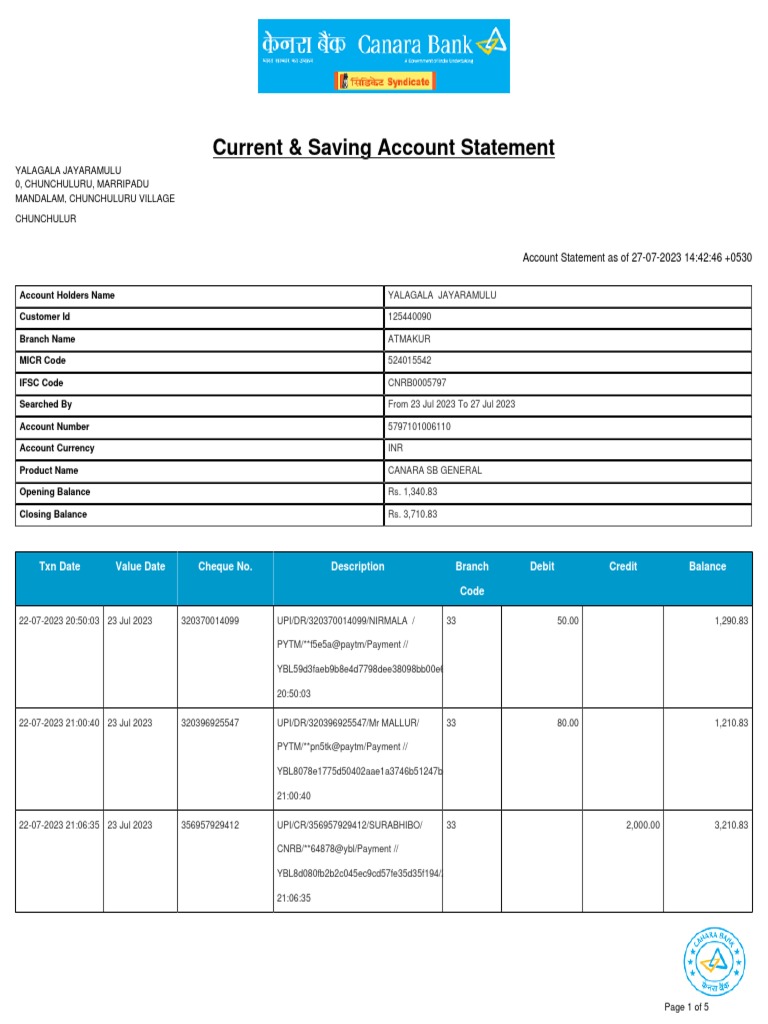 Current & Saving Account Statement | PDF | Payments | Debits And Credits