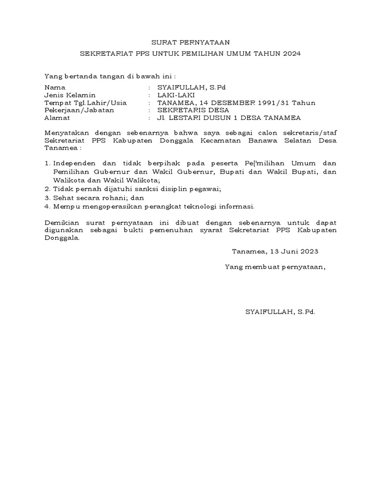 Surat Pernyataan PPK Pps | PDF