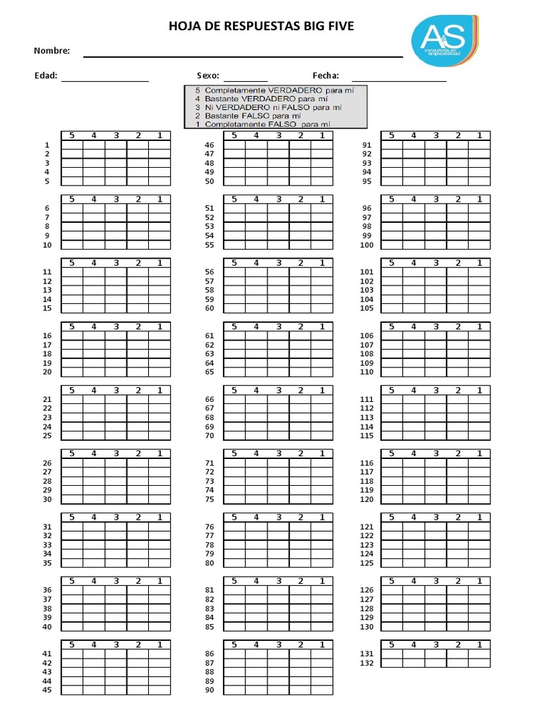 Hoja de Respuestas BFQ | PDF