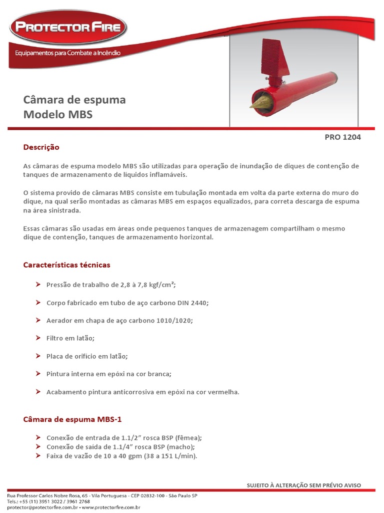 Ficha Técnica - Câmara de Espuma Tipo MBS - Protector Fire | PDF