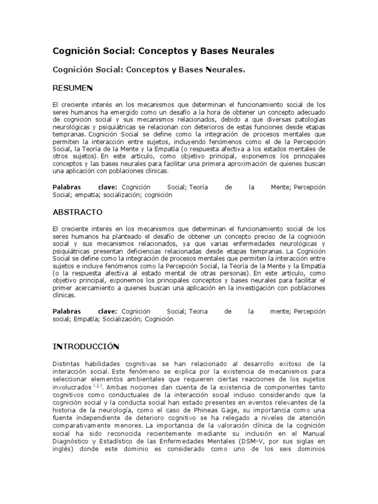 Cognición Social: Conceptos y Neurales | PDF