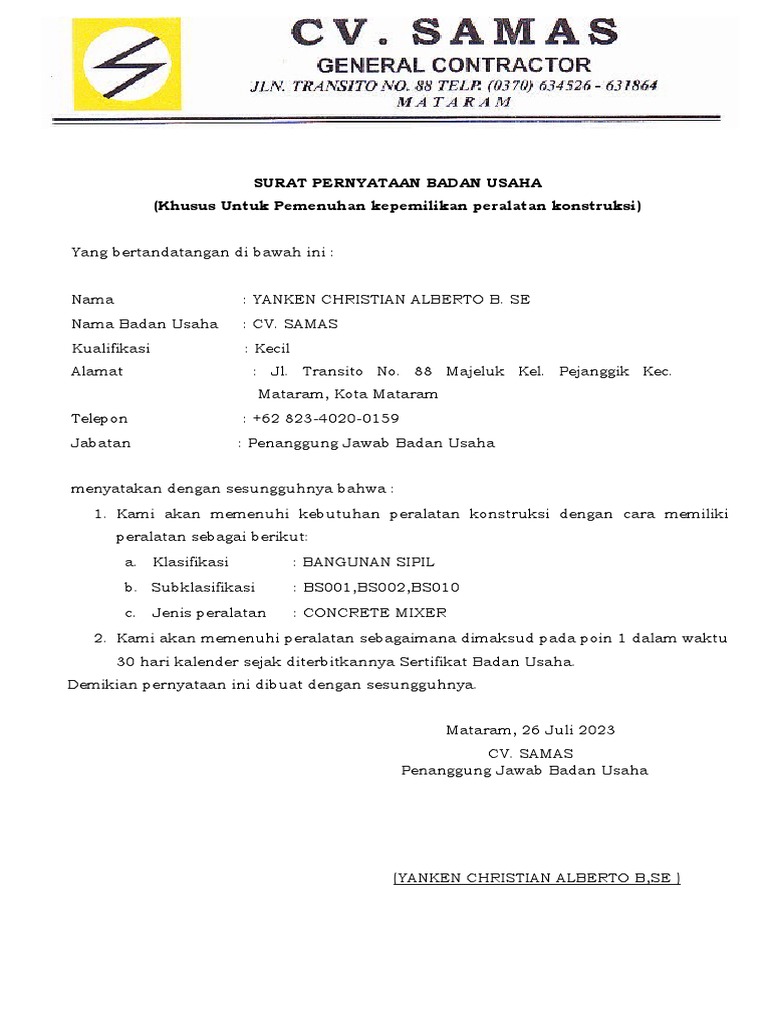 Format Permohonan Sbu Cv. Samas 2 | PDF