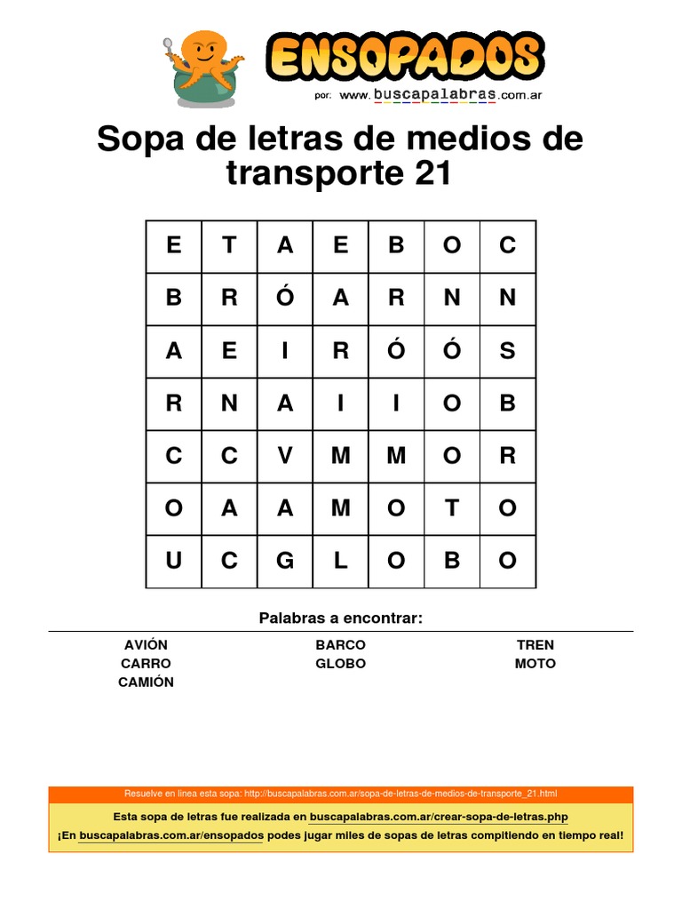 Sopa de Letras de Medios de Transporte - 21 | PDF