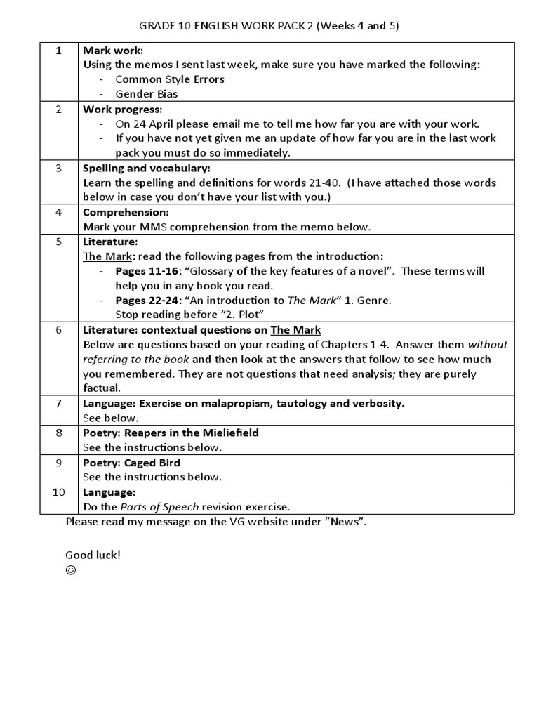 Weeks 4 and 5 GR 10 English Ms McCrindle | PDF | Part Of Speech | Rhyme