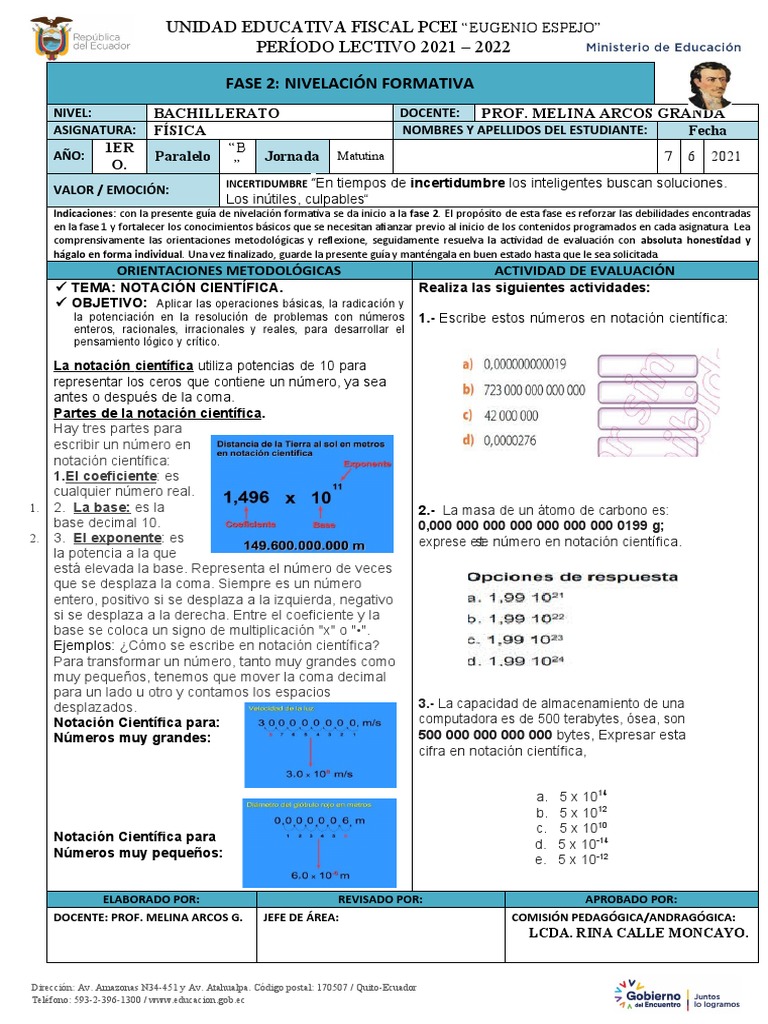 FICHA FASE 2-Nivelación Física 1ero - BGU | PDF