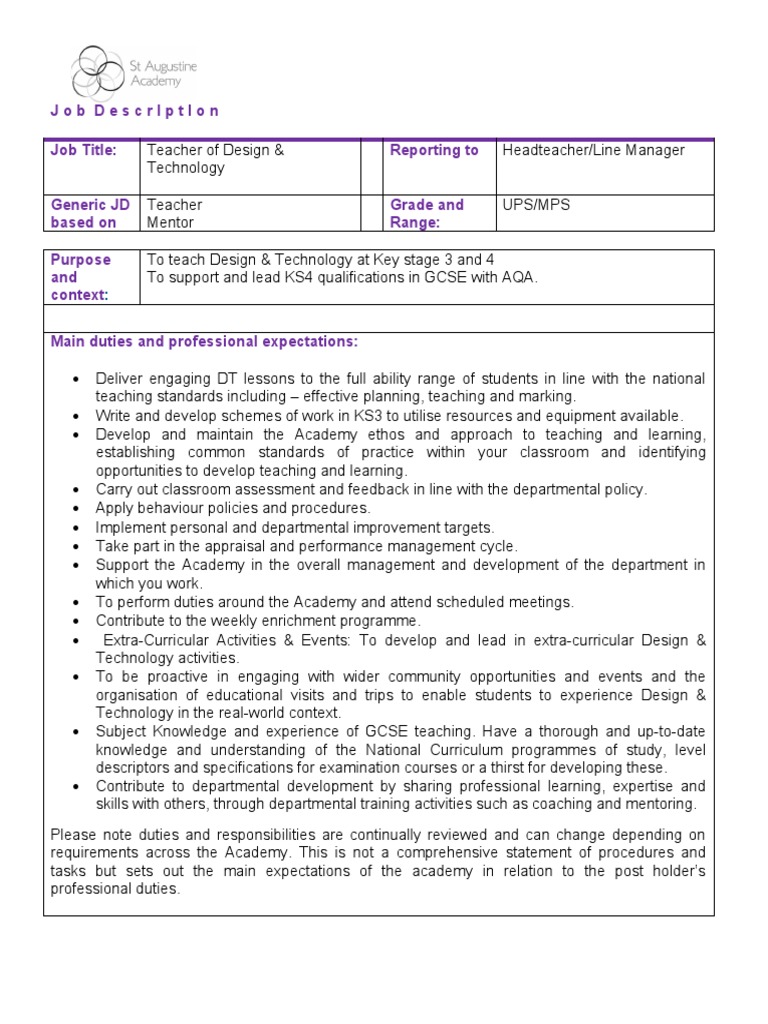 Job Description Design and Technology Teacher 2 | PDF