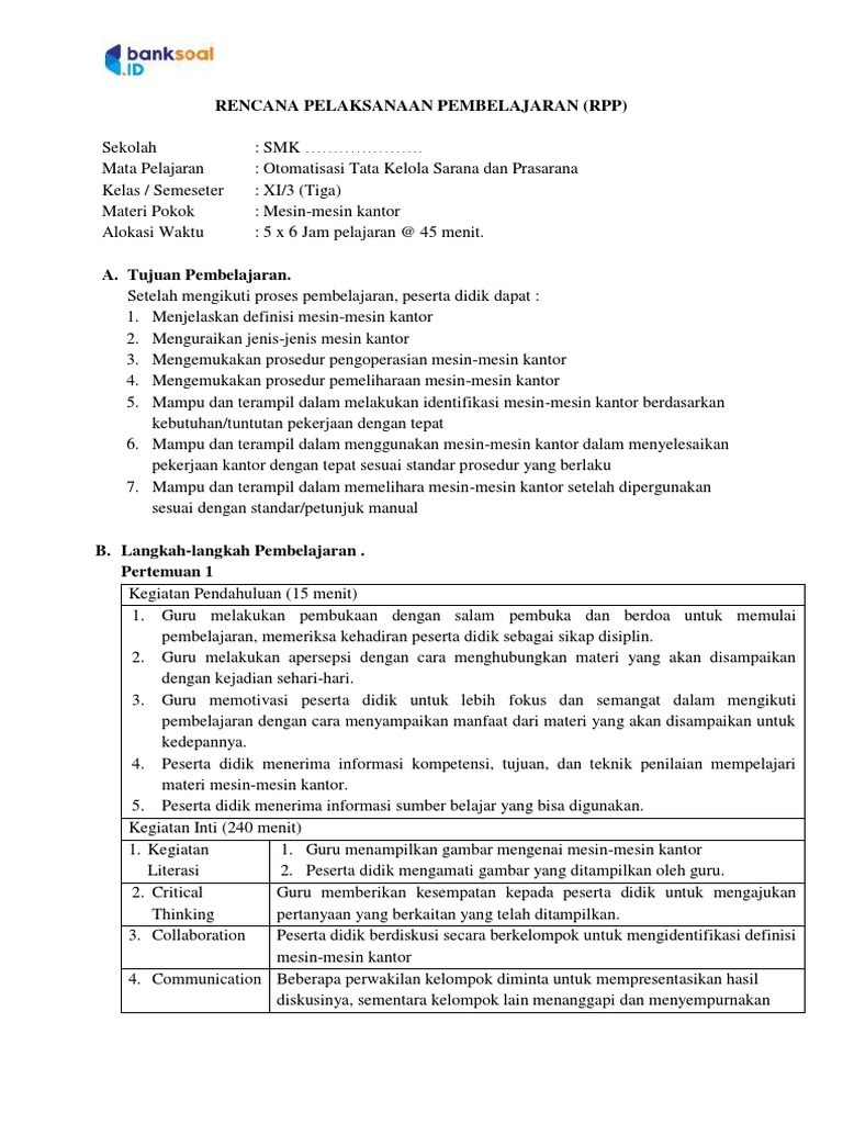 RPP KD 5 Otk Sarpras Kelas Xi SMK Semester Ganjil Tahun 2021 2022 Bank-Soal - Id | PDF