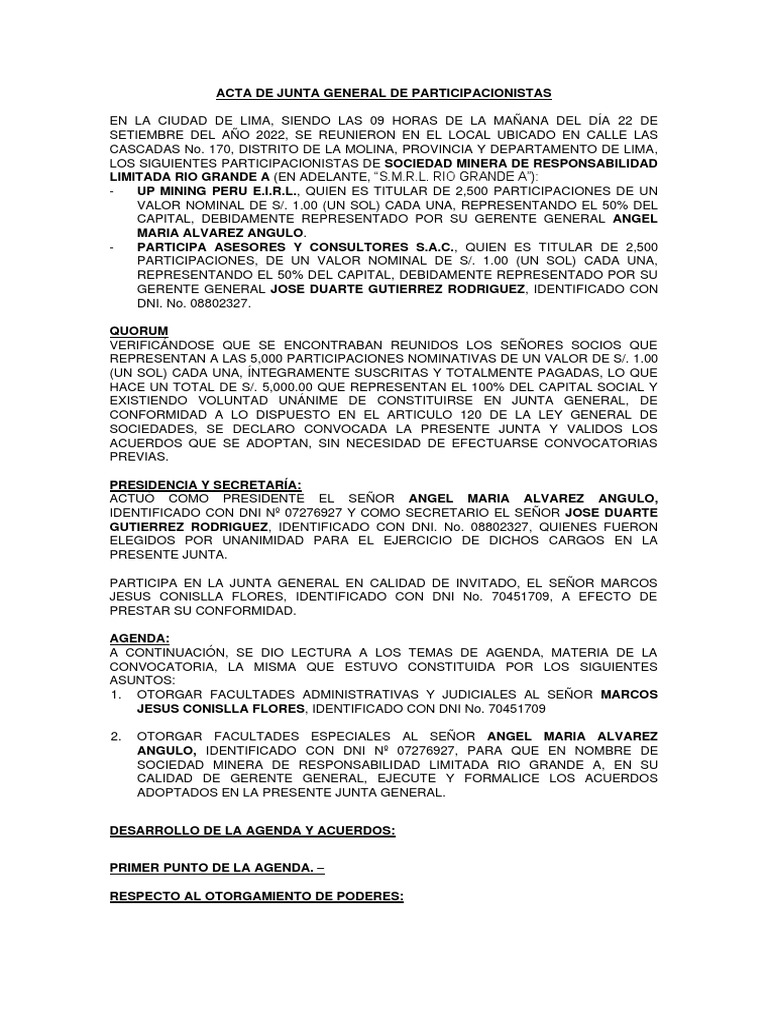 Acta de Junta General Otorga Poder A Marcos Conislla | PDF