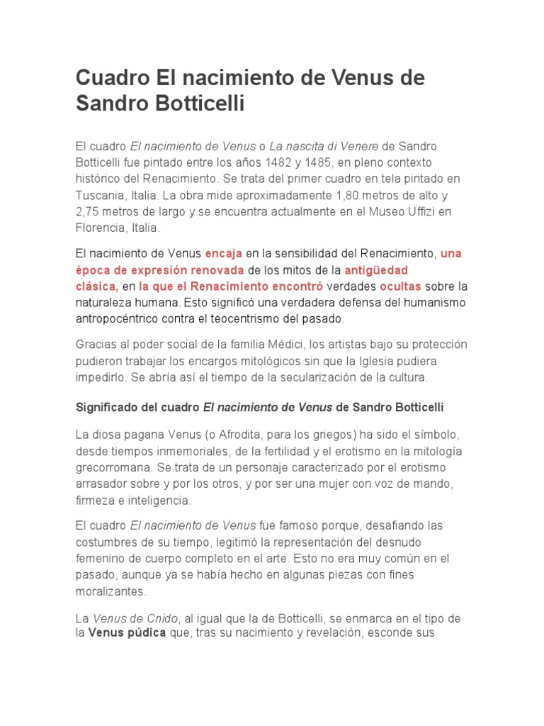 Cuadro El Nacimiento de Venus de Sandro Botticelli | PDF