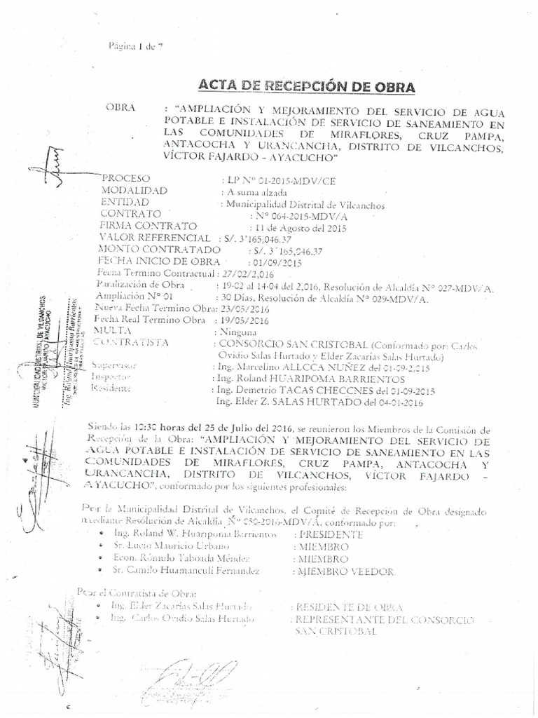 Acta de Recepcion de Obra | PDF